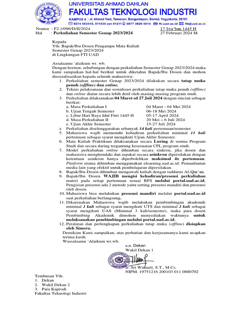 Pemberitahuan Aturan Perkuliahan Genap 2023-2024 FTI | PDF