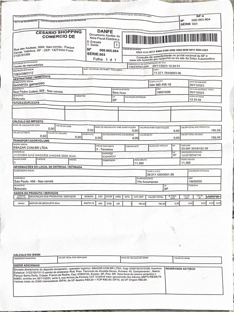 Notas Fiscais Motorizada | PDF