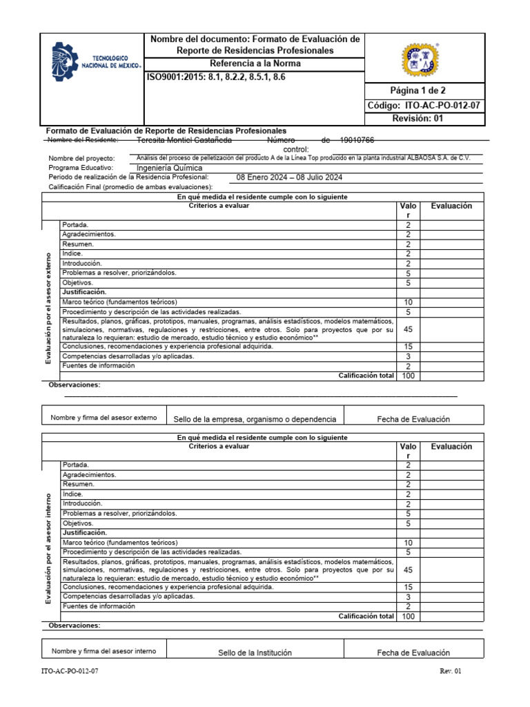 ITO AC PO 012 07 Formato Ev Reporte Proyecto Residencia VF | PDF | Simulación | Evaluación
