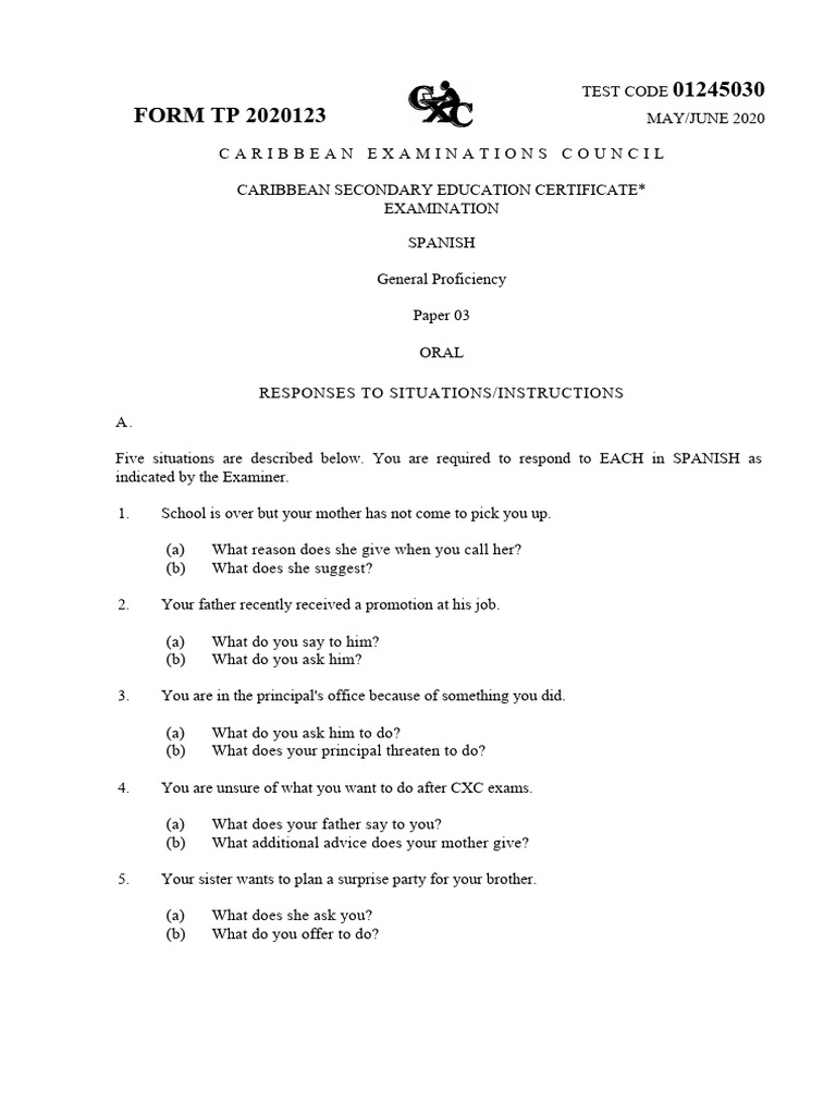 CSEC Spanish Paper 3 Situations | PDF