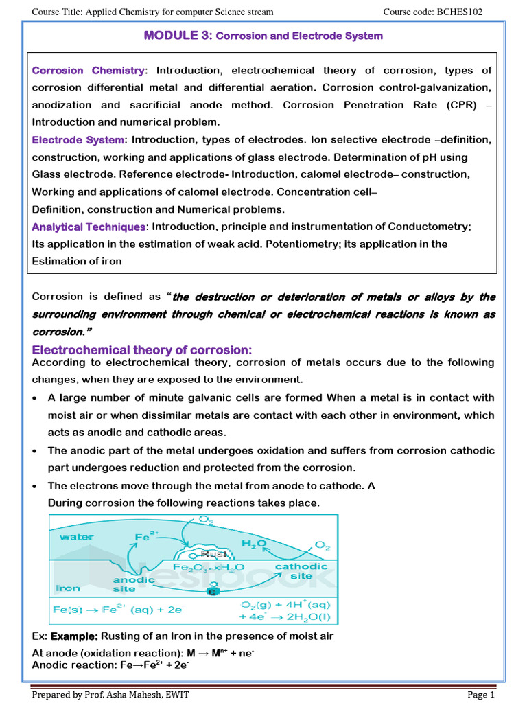 BCHES102 Module-3 Corrosion & Electrode System-1 | PDF | Corrosion | Anode