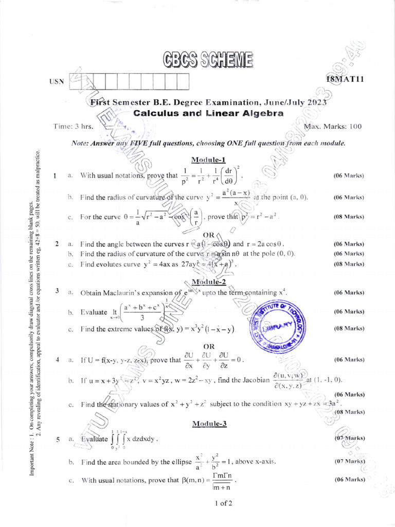 18MAT11-Calculus and Linear Algebra - June.July 2023 | PDF | Algebra ...