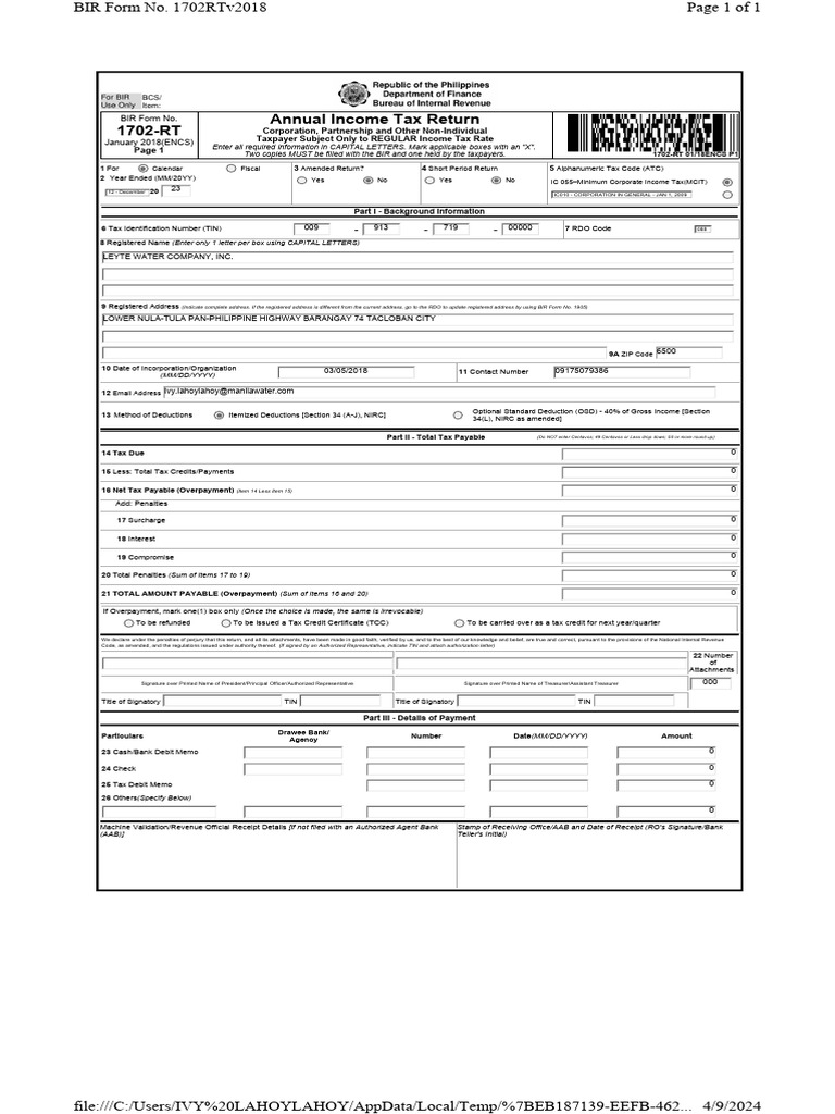 LWCI BIR 1702 RT - 2023 | PDF | Tax Deduction | Income Tax