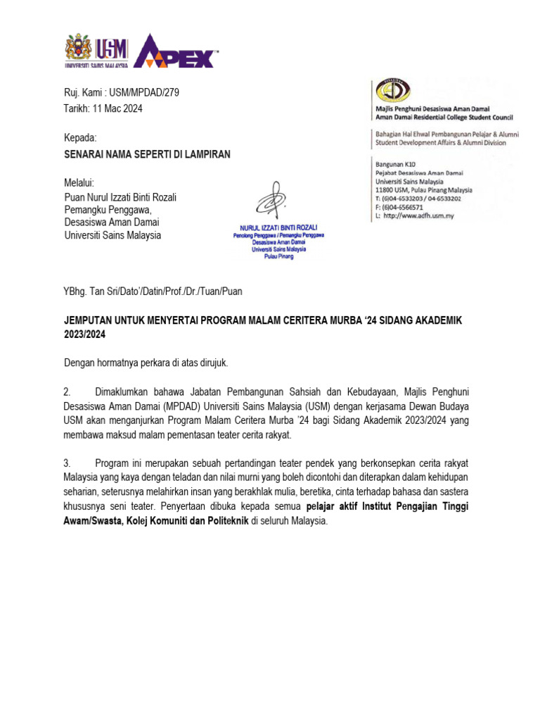 Surat Jemputan Untuk Menyertai Malam Ceritera Murba'24 Sebagai Peserta ...