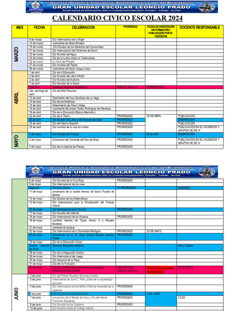 Calendario Civico Escolar 2024 LP 2-4-24 Nuev0 | PDF | Perú