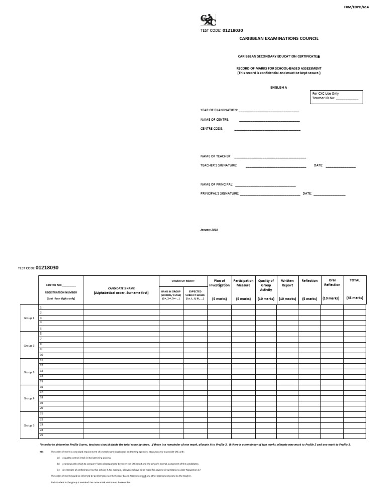 CSEC EnglishA SBARecordofMarks | PDF | Teachers