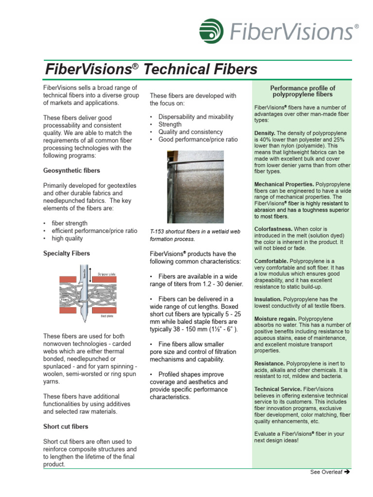 Fibervisions Technical Fibers | PDF | Fibers | Nonwoven Fabric