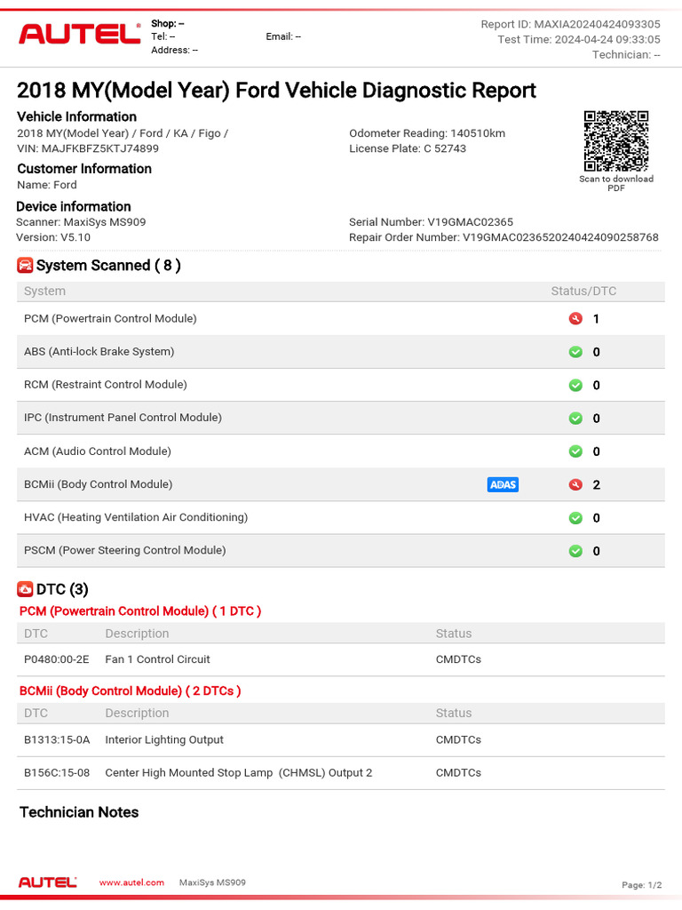 2018 MY (Model Year) Ford Vehicle Diagnostic Report - MAJFKBFZ5KTJ74899 ...