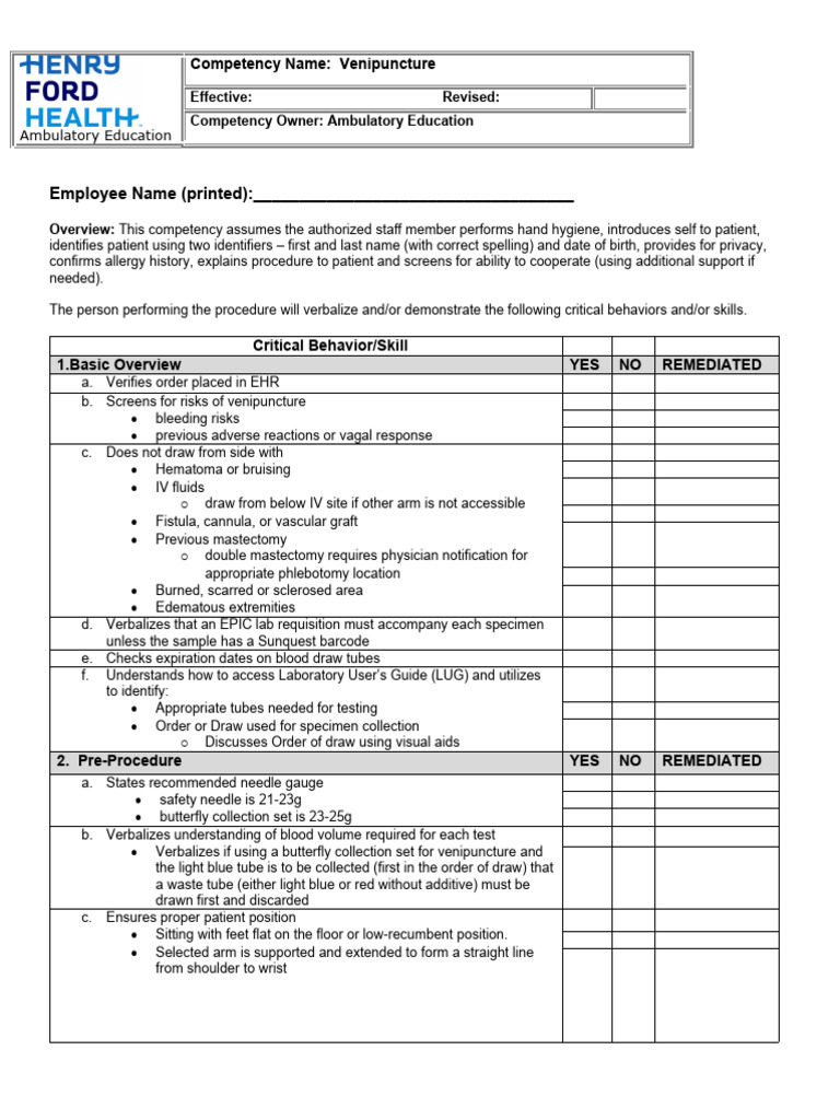 Henry Ford Ambulatory Education Venipuncture Competency | Download Free ...
