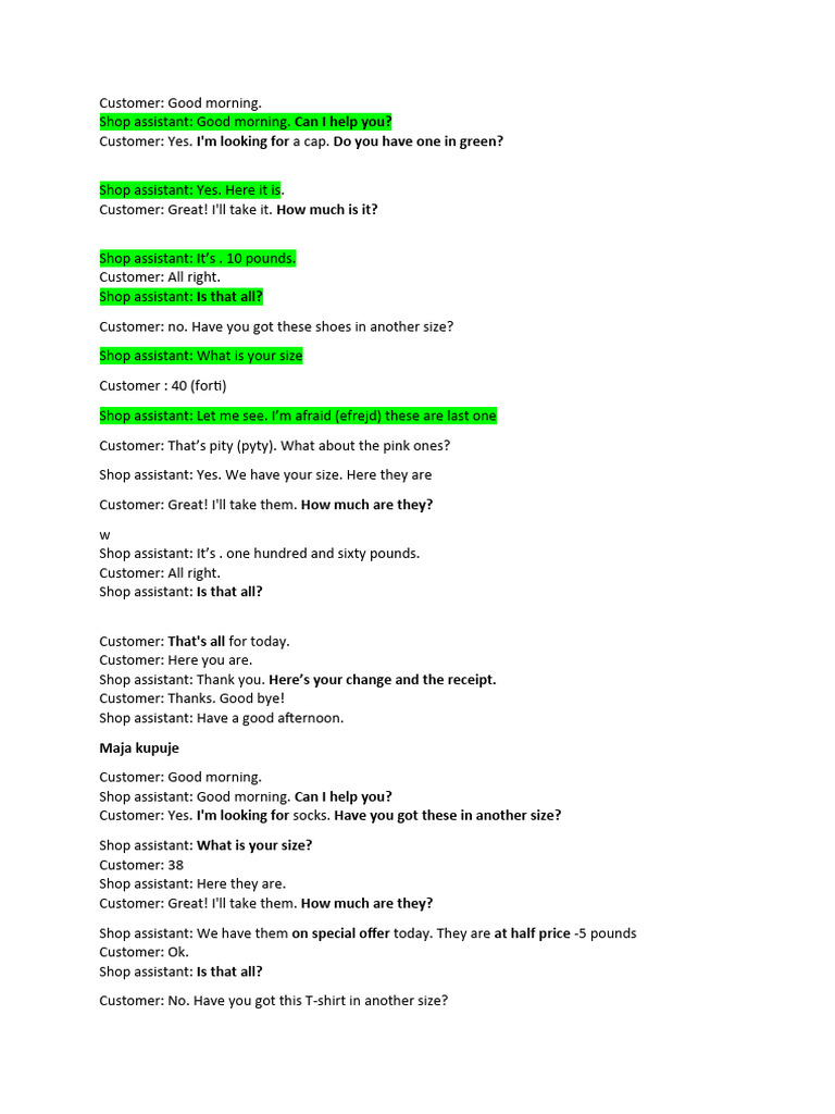 Customer Shopping Dialogue Example | PDF