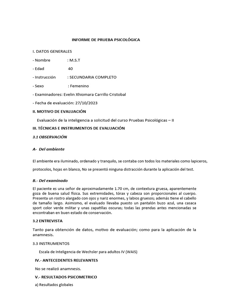 INFORME DE PRUEBA PSICOLÓGICA Wais | Descargar gratis PDF | Escala de inteligencia para adultos ...