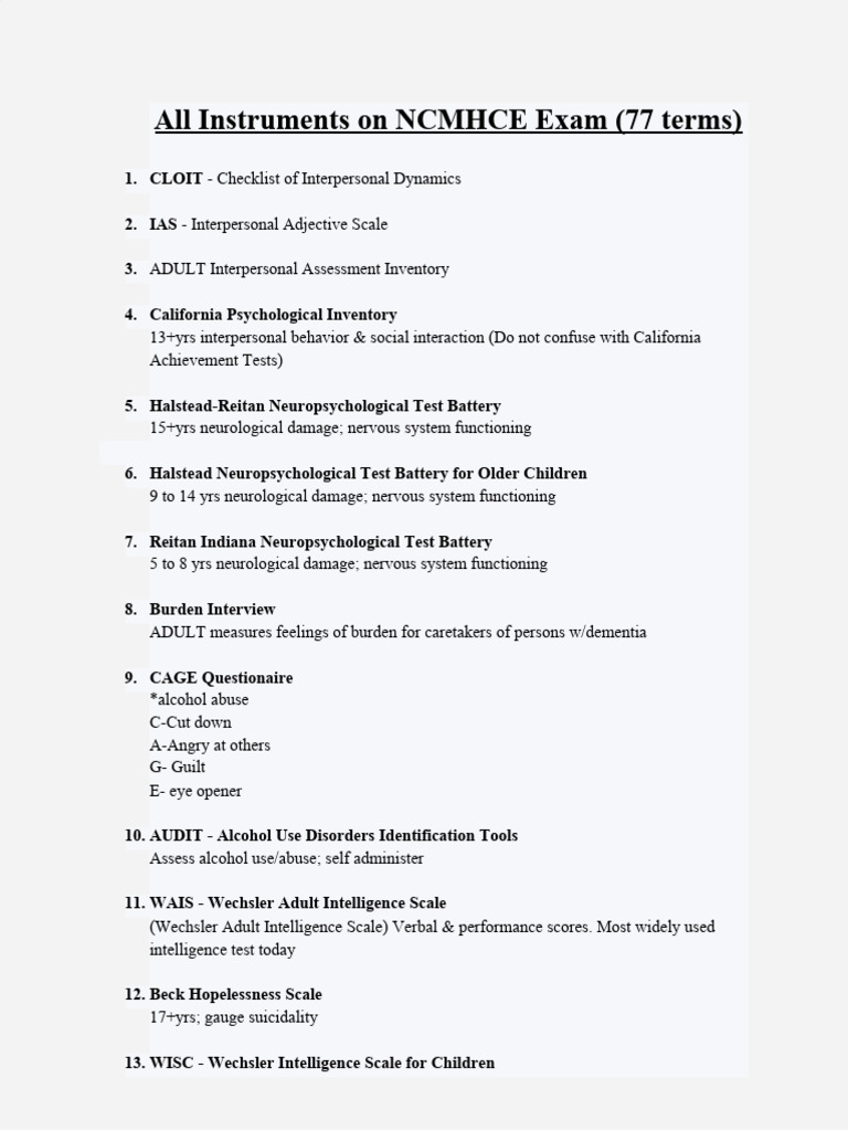 All Instruments On NCMHCE Exam (77 Terms) | PDF | Mental Disorder ...