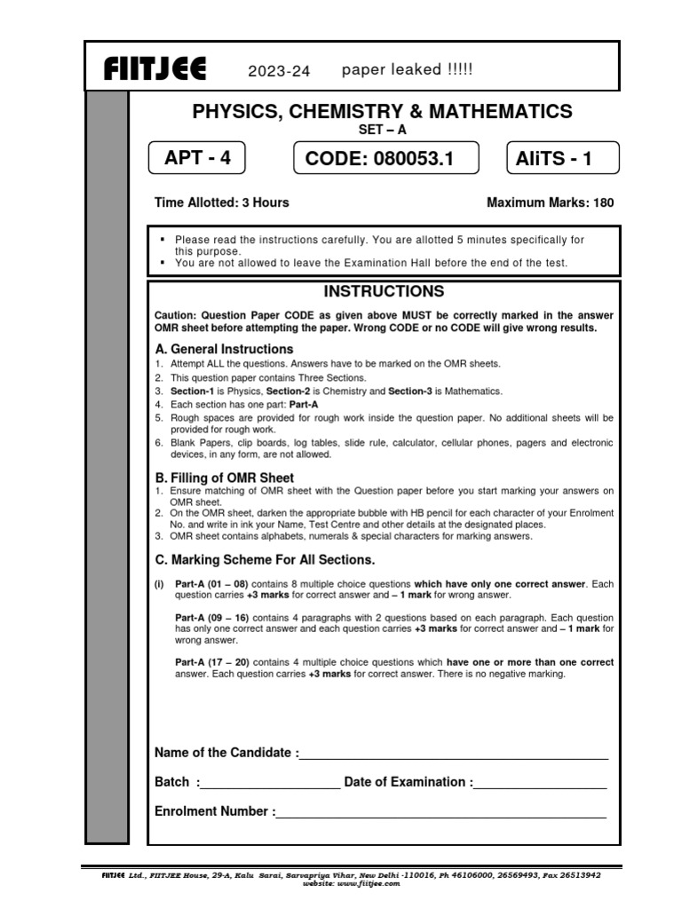 Aiits 1, Pt4 Paper Set A | PDF | Triangle | Circle