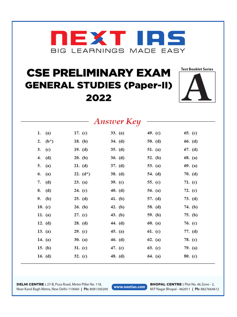 CSE Prelims - 2022 - Answer Key (CSAT) | PDF