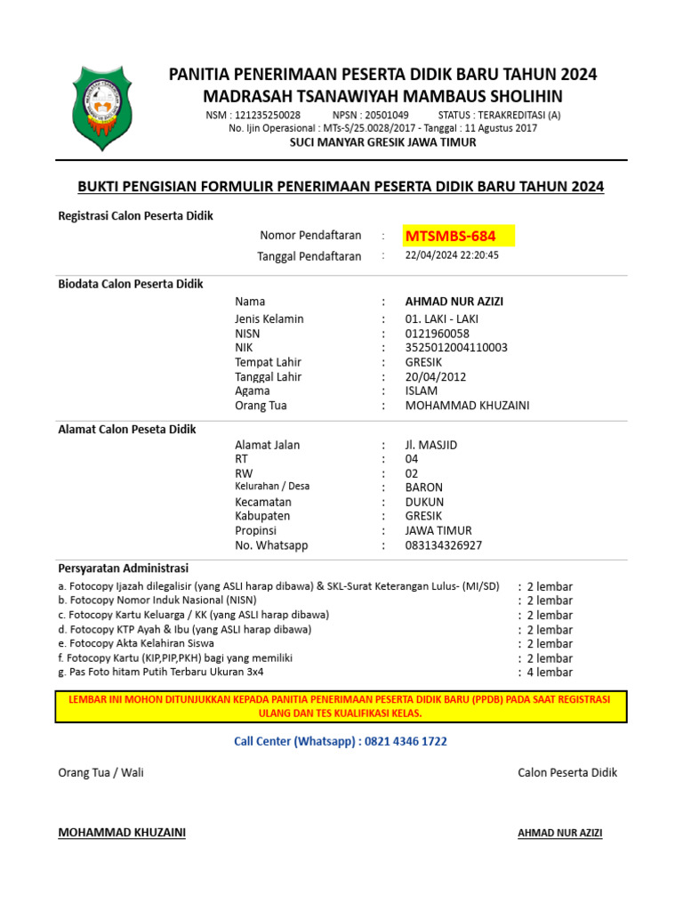 Formulir PPDB MTs Mamba'us Sholihin 2024 | PDF