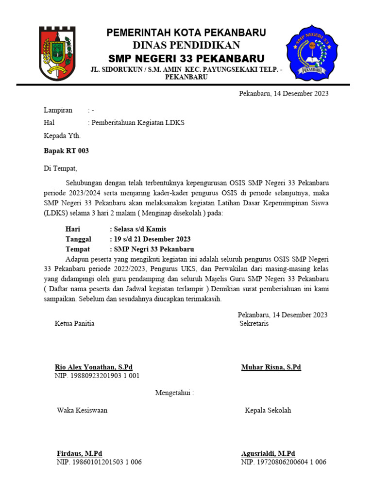 Surat Pemberitahuan RT 003 SMP 33 | PDF