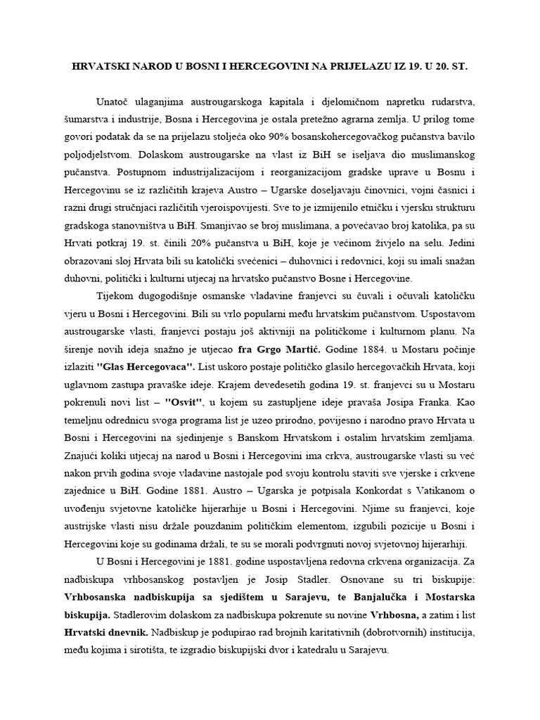 Hrvatski Narod U BiH Krajem 19. I Početkom 20. St. | PDF