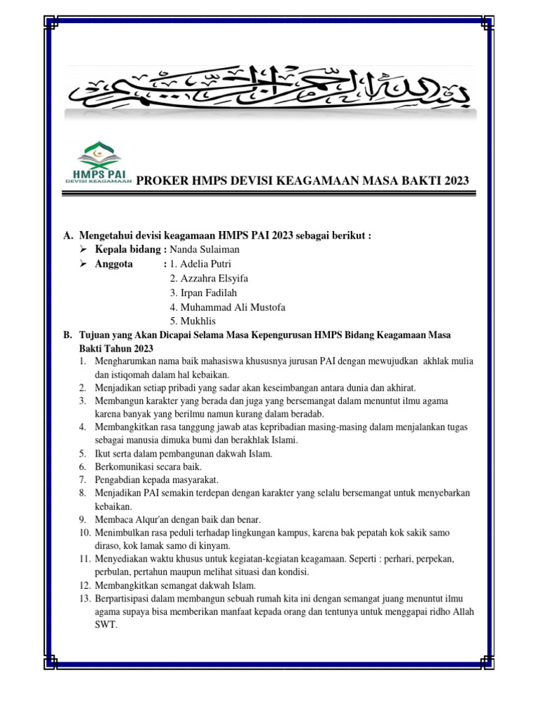 Proker HMPS Devisi Keagamaan Masa Bakti 2023-1 | PDF