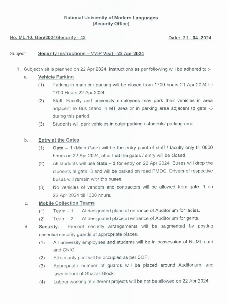 Security Instructions - VVIP Visit | PDF