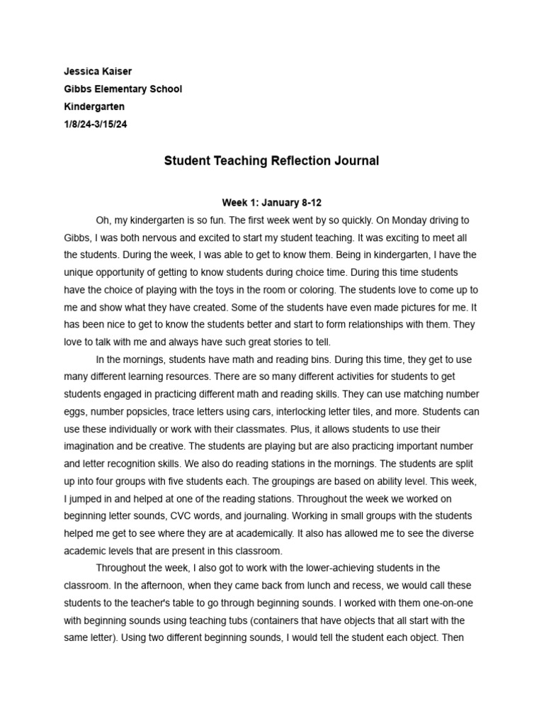 Kindergarten Student Teaching Journal | PDF | Classroom | Teachers