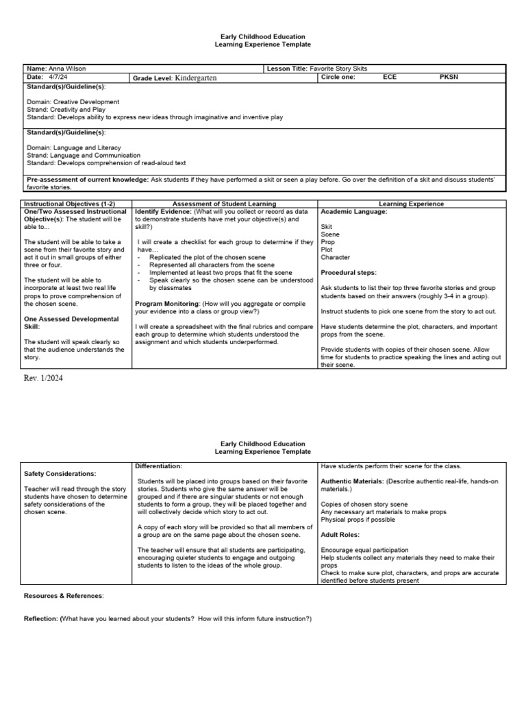 Favorite Story Skits Learning Plan | PDF | Early Childhood Education ...