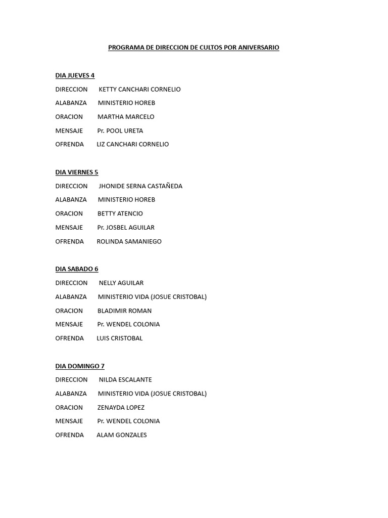 Programa de Direccion de Cultos Por Aniversario | PDF