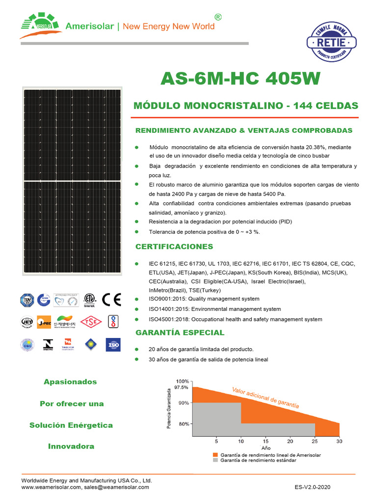 Ficha Tecnica Panel Solar 405W Amerisolar S | PDF