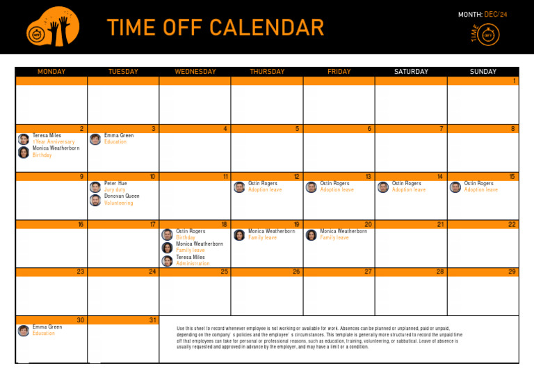 Time Off Calendar Template | PDF
