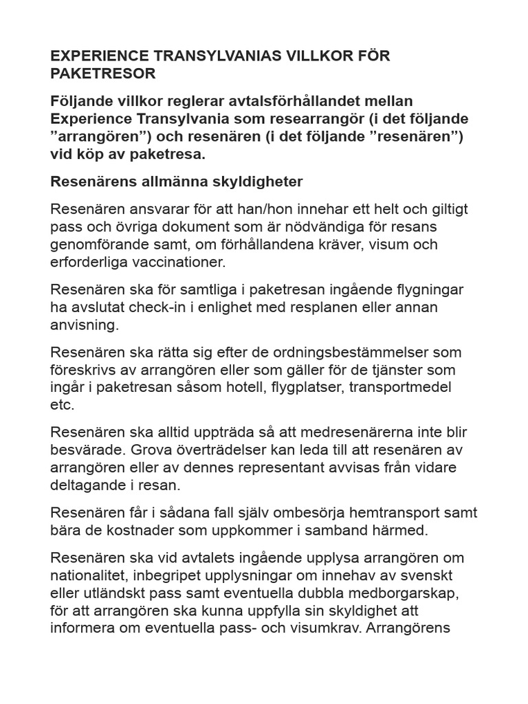 Experience Transylvanias Villkor För Paketresor 2022-2023 | PDF