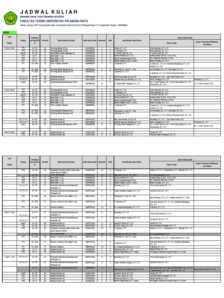 Jadwal Perkuliahan Fakultas Teknik UPR-Semester Genap 2023-2024 | PDF