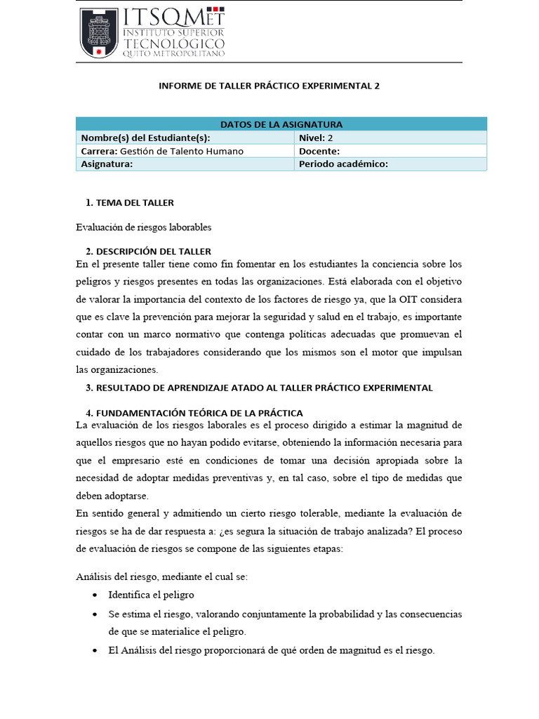 Formato - Taller Practico Experimental 2 | Descargar gratis PDF | Riesgo | Evaluación