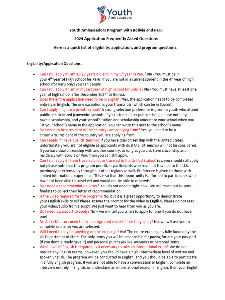 Bolivia and Peru 2024 Application FAQ - ENG | PDF