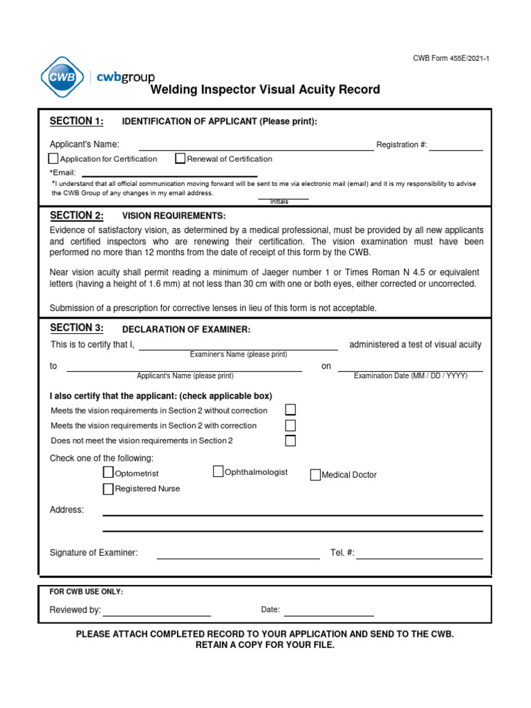 CWB Welding Inspector Vision Form | PDF | Visual Acuity