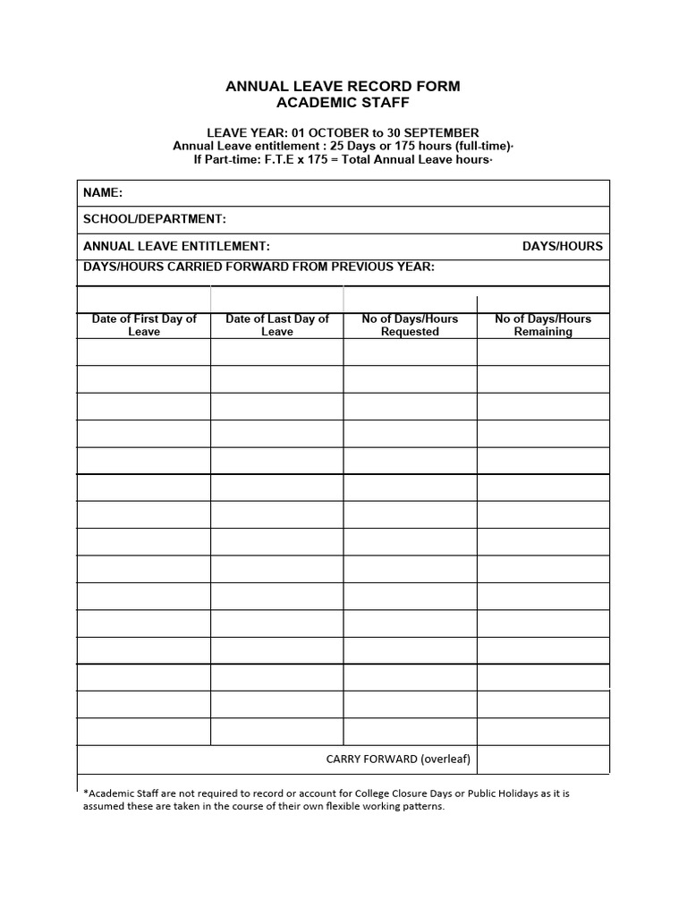 Annual Leave Record Form for Academic Staff | PDF