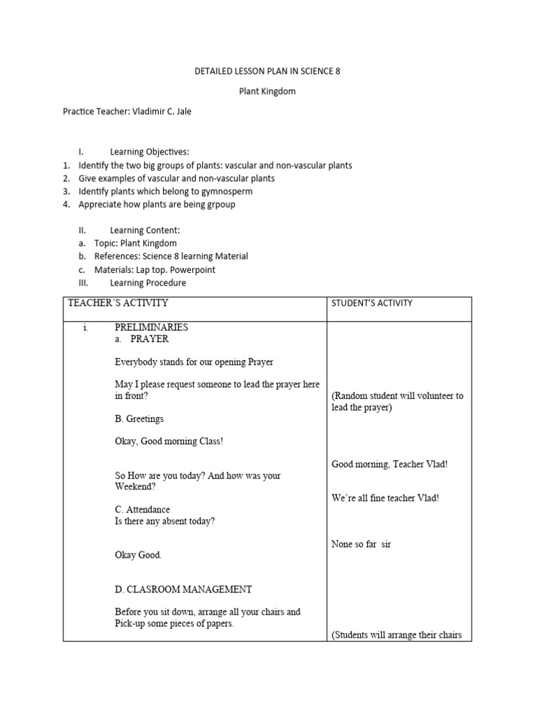 DETAILED LESSON PLAN IN SCIENCE 8 Plant Kingdom | PDF | Plants | Trees