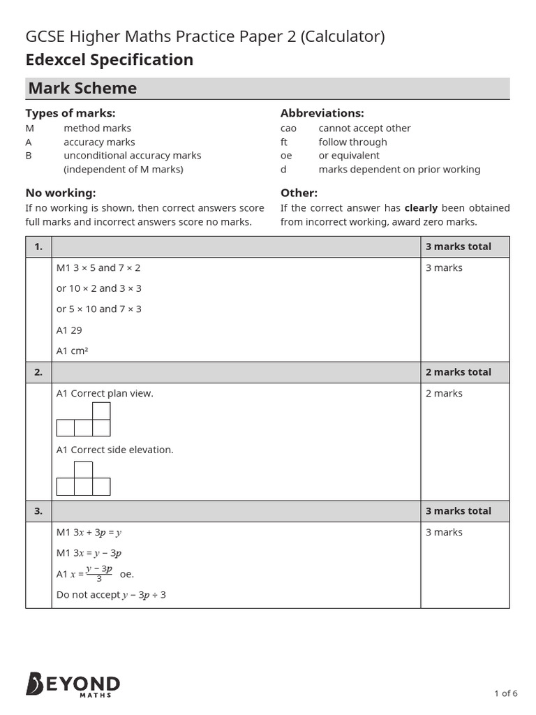 GCSE Higher Maths Practice Paper 2 (Calculator) Mark Scheme | PDF | Applied Mathematics