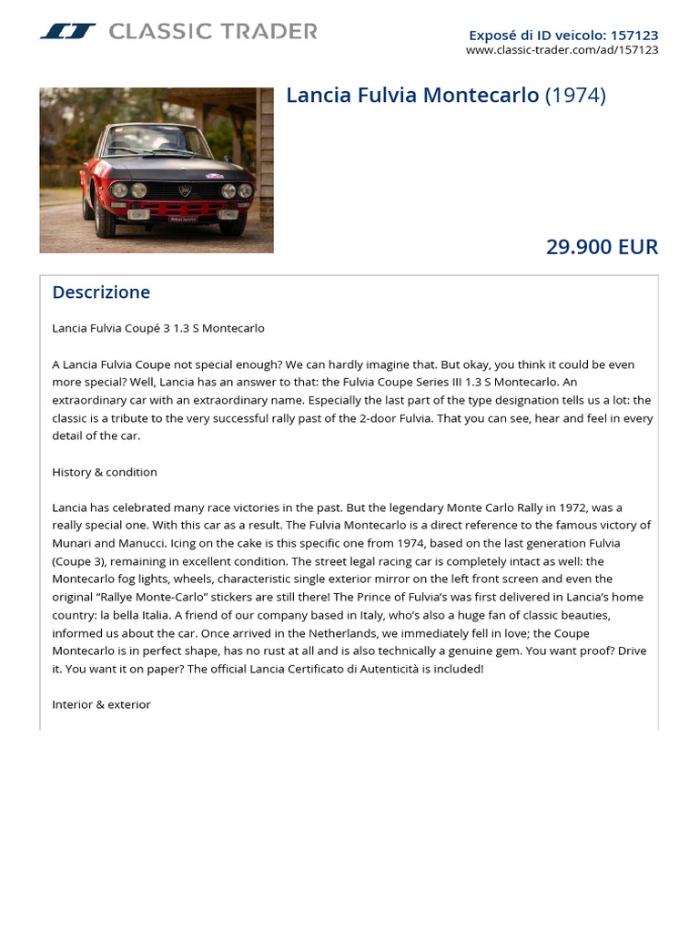 Lancia Fulvia Montecarlo | PDF | Motor Vehicle Manufacturers | Vehicle ...