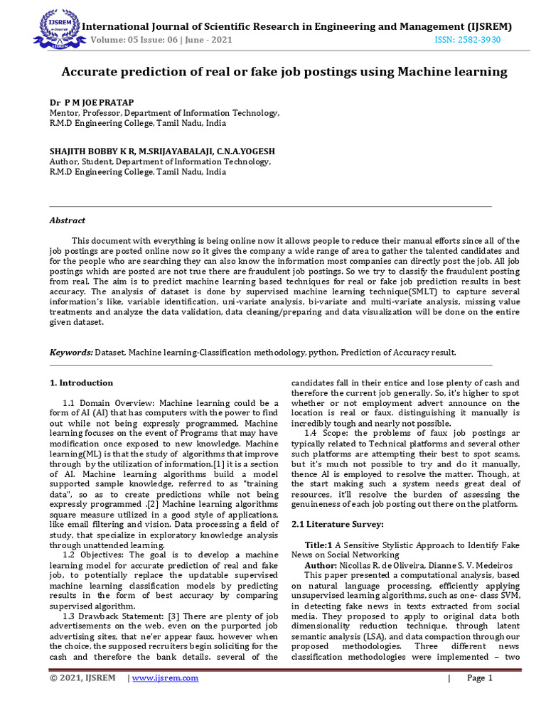 Machine Learning for Fake Job Detection | PDF | Machine Learning ...