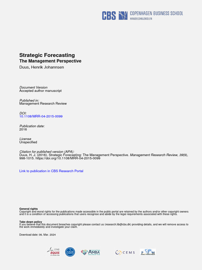 Henrik Johannsen Duus Strategic Forecasting The Management Perspective ...