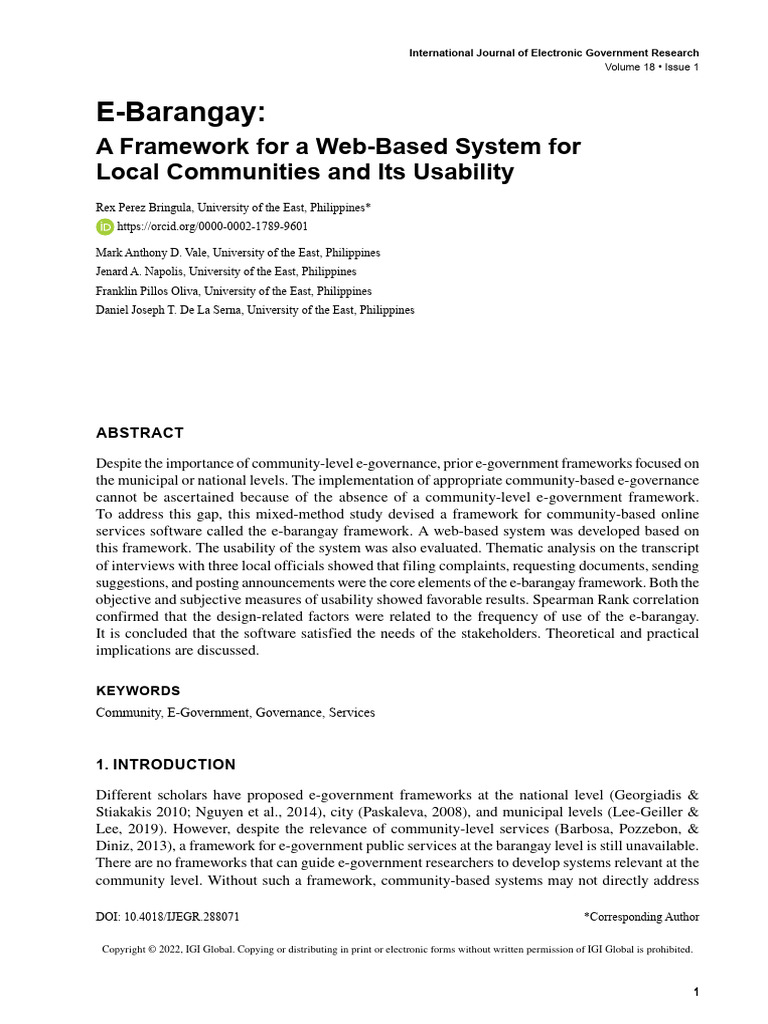 E-Barangay A Framework For A Web-Based System For | Download Free PDF | Usability | E Government
