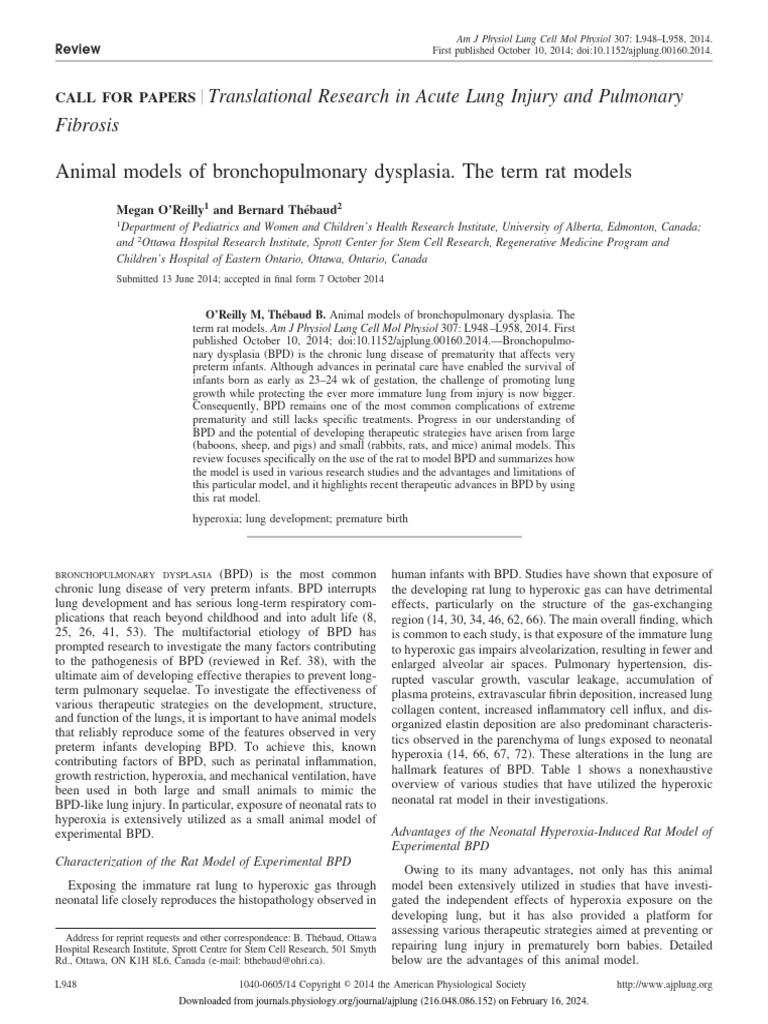 O Reilly Thébaud 2014 Animal Models of Bronchopulmonary Dysplasia The ...
