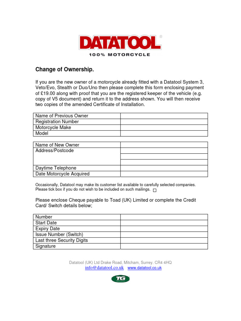 Motorcycle Alarm Ownership Transfer Form | PDF