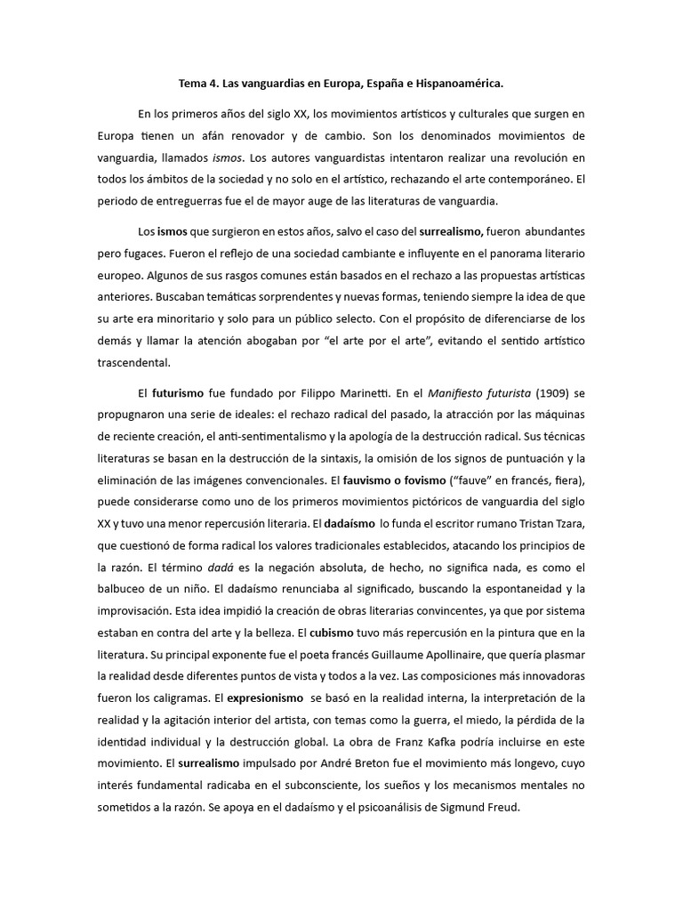 Tema 4. Las Vanguardias en Europa España e Hispanoamérica | PDF ...