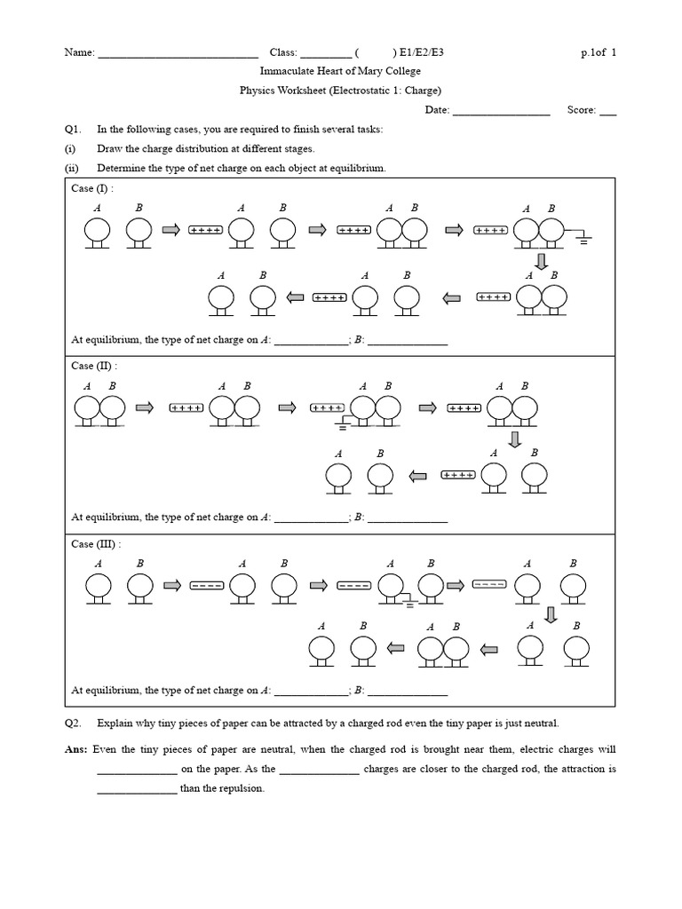 Worksheet 4.1 Electrostatics 1 Charge | PDF
