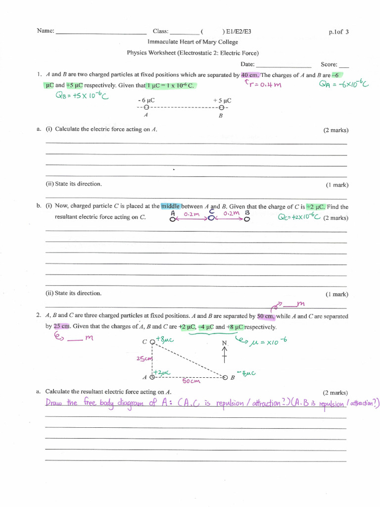 Worksheet 4.1 Electrostatics 2 Electric Force Hint | PDF
