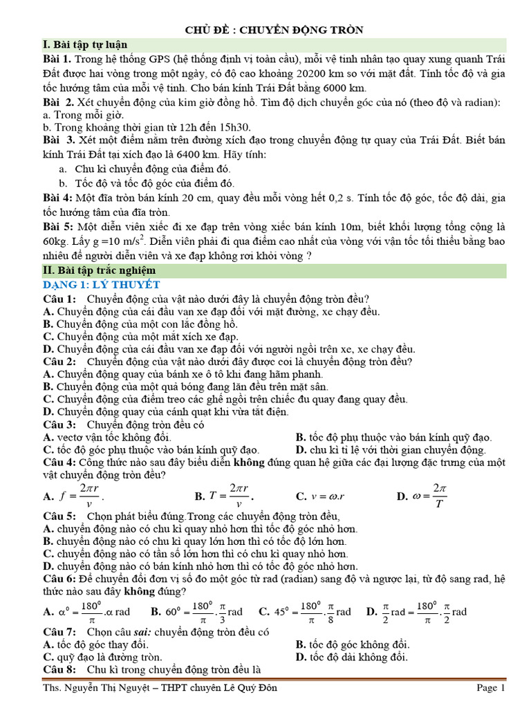 BT chuong 8 Chuyen dong tron - Học sinh | PDF