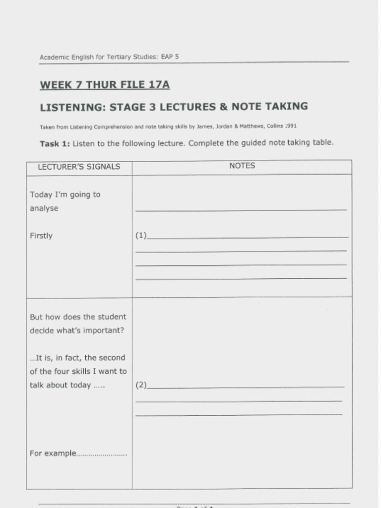 EAP5 Week 7 Thu F17a - Listening Stage 3 Lectures & Note Taking | PDF