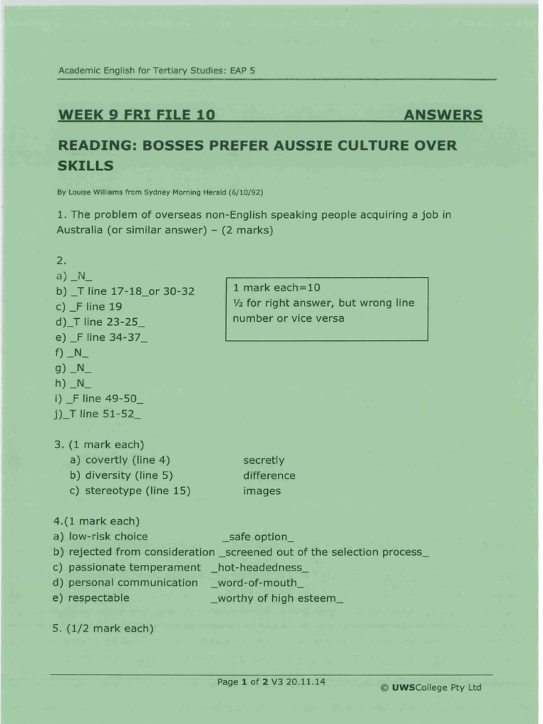 Answers Reading - Bosses Prefer Aussie Culture | PDF