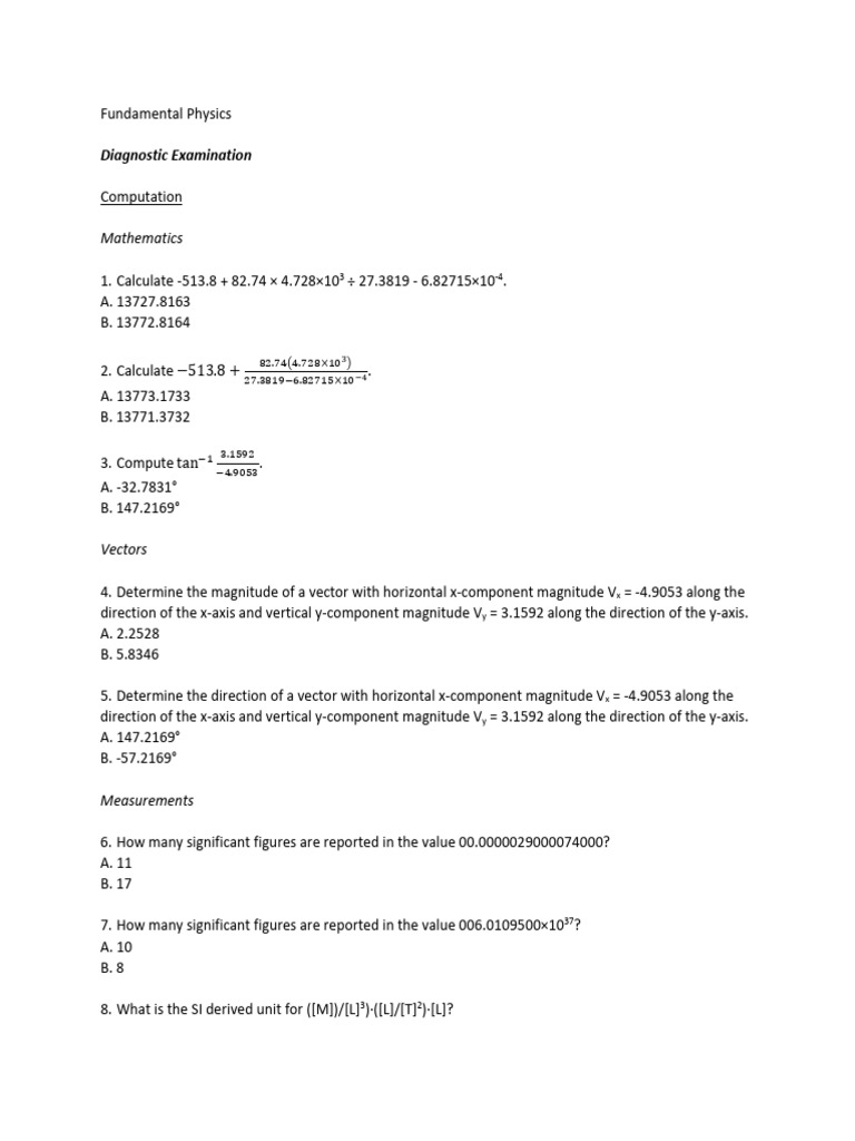 Diagnostic Examination For Physics | PDF | Rotation Around A Fixed Axis | Force