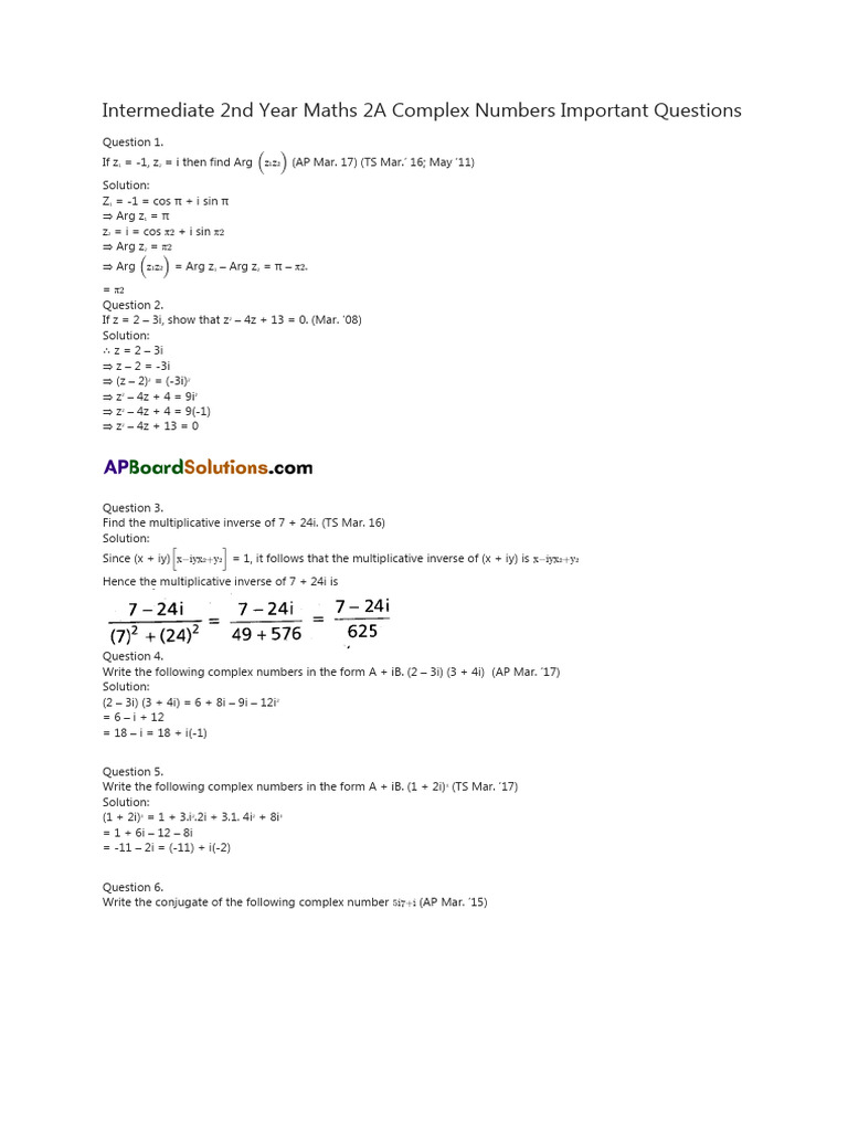 Maths 2A Complex Numbers Important Questions | PDF | Complex Number ...